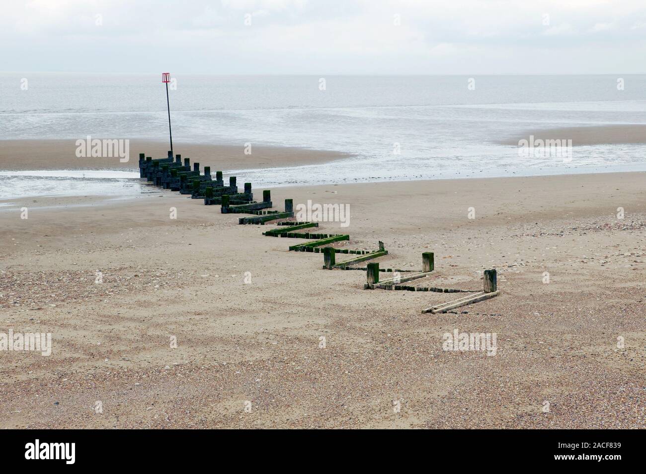 Coastal defences. Groyne at low tide on a beach at Hunstanton, Norfolk ...