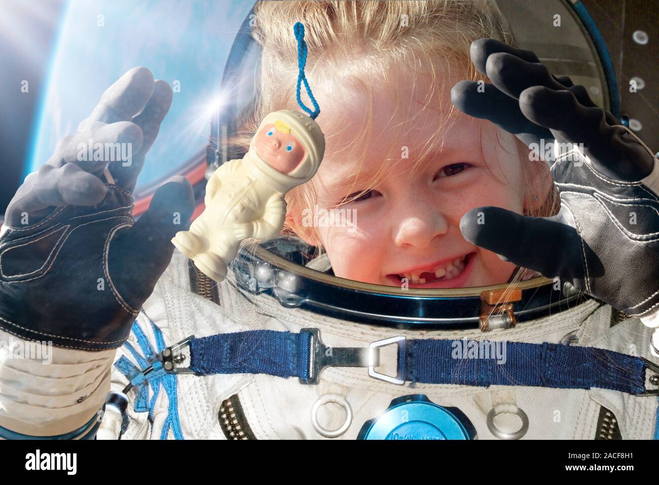Child space tourist. Artwork of a little girl floating in microgravity ...