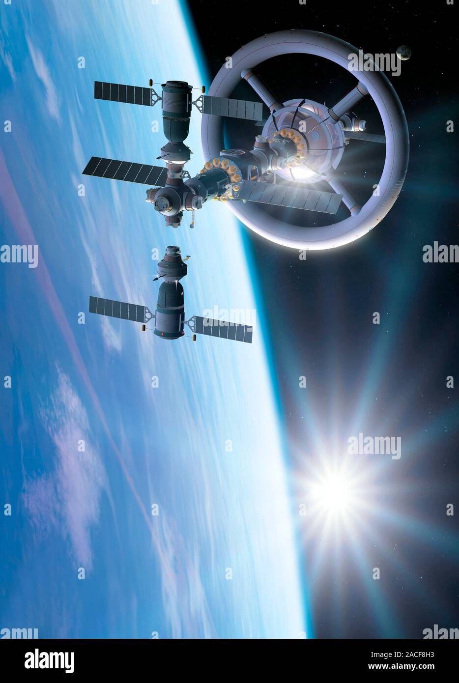 Space hotel. Artwork of a futuristic space hotel in Earth orbit. Beneath the space hotel, a ...