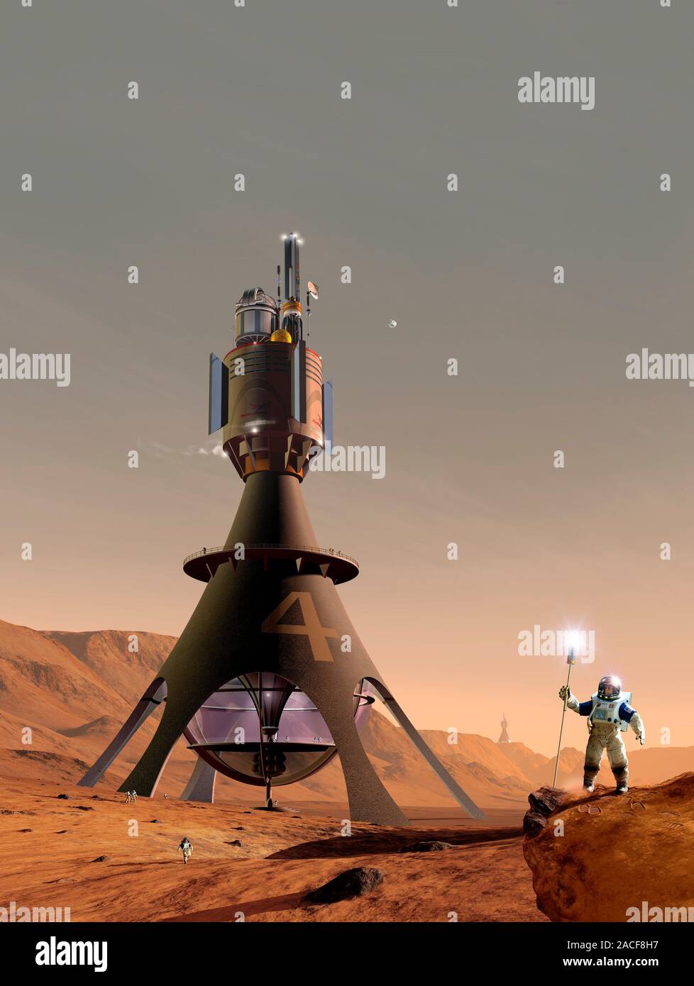 Space tourism on Mars. Artwork of a space tourist walking on the ...