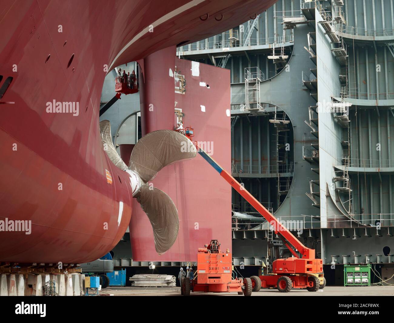 Crude oil tanker. Propellor blade (fan-like) and rudder (vertical ...