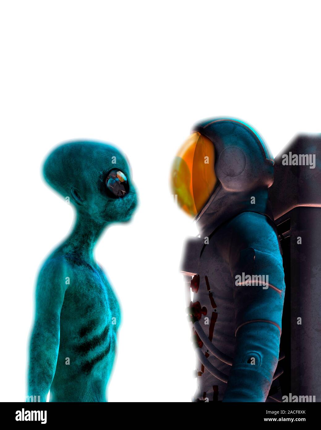 Alien and astronaut, computer artwork. Humanoid alien meeting with an ...