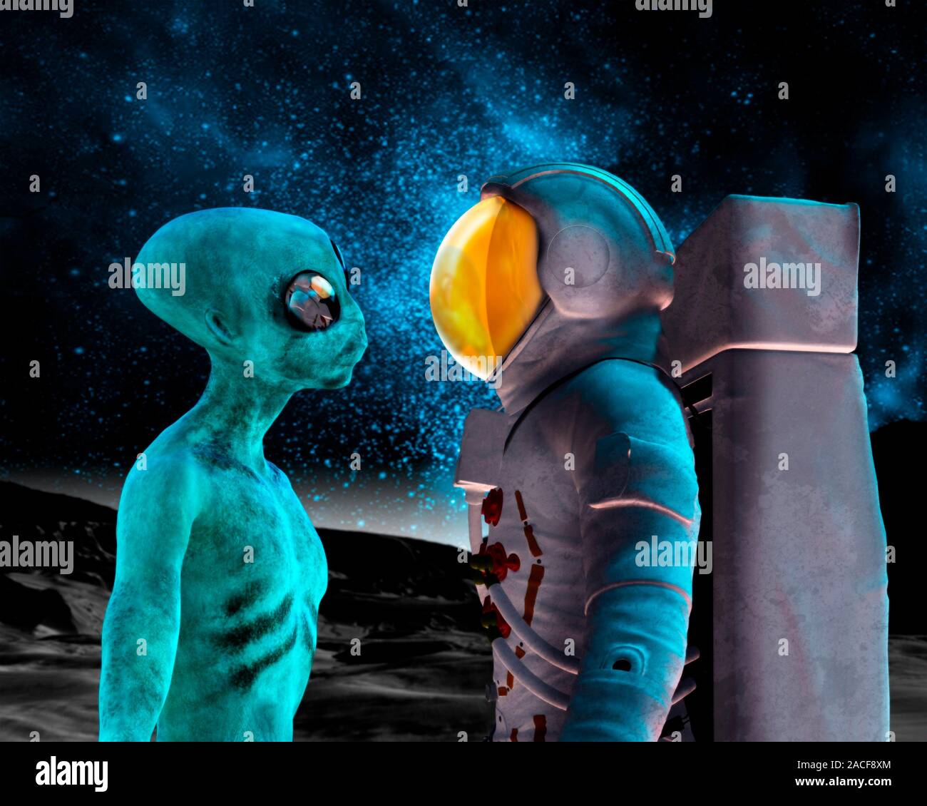 Alien and astronaut, computer artwork. Humanoid alien meeting with an ...
