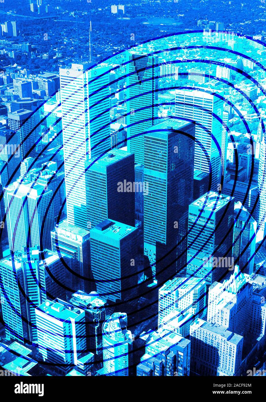 Wireless internet city, computer artwork. The concentric circles are a ...
