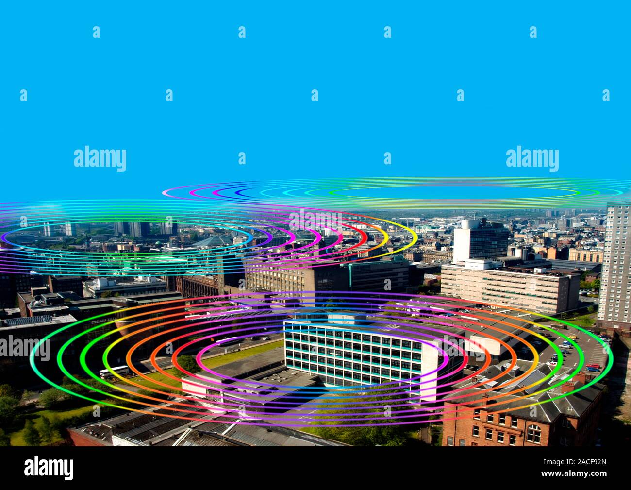 Wireless internet city, computer artwork. The concentric circles are ...