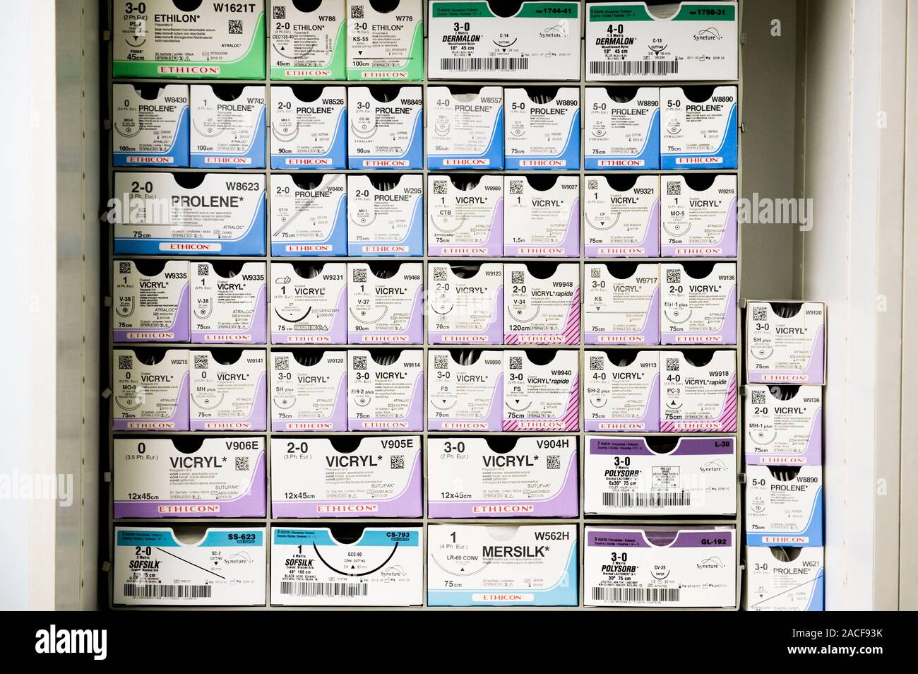 Operating theatre supplies cupboard. Boxes of sutures (threads for ...
