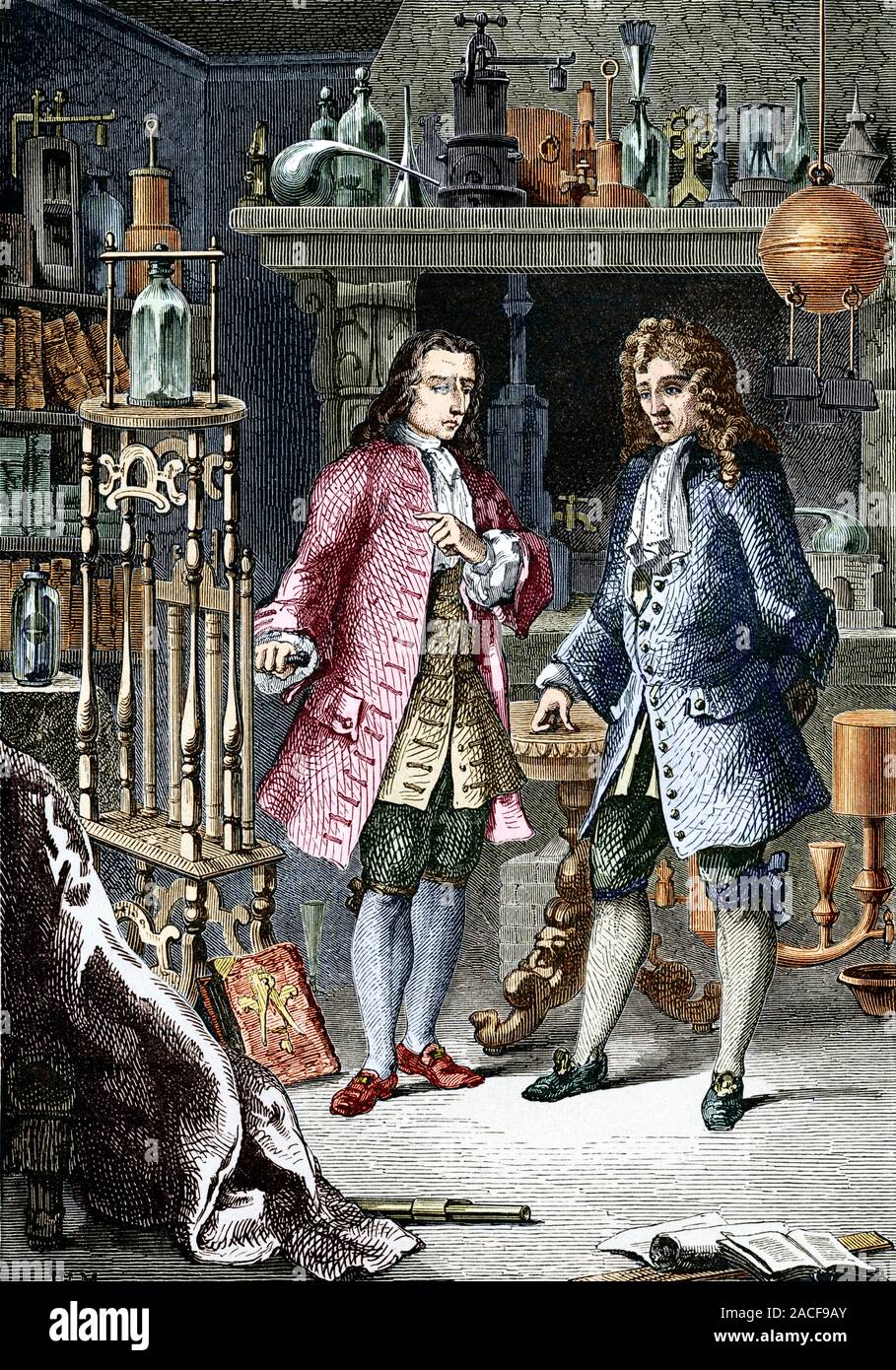 Denis Papin and Robert Boyle. Engraving of the French scientist Denis ...