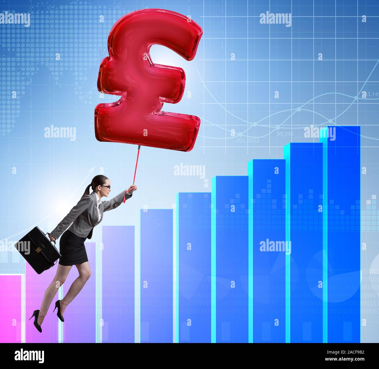 Businesswoman flying on british pound sign inflatable balloon Stock ...