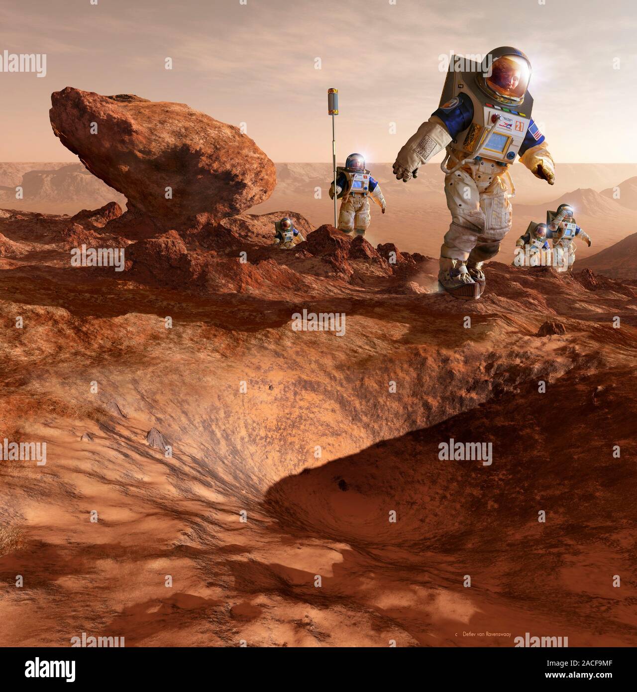 Space tourism on Mars. Artwork of a space tourists walking on the ...