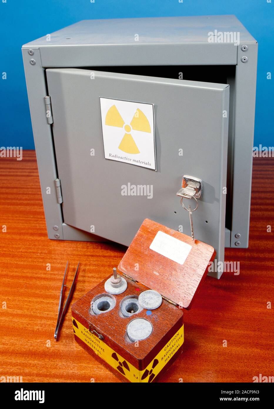Radioactive sources and storage. Wooden box containing radioactive ...