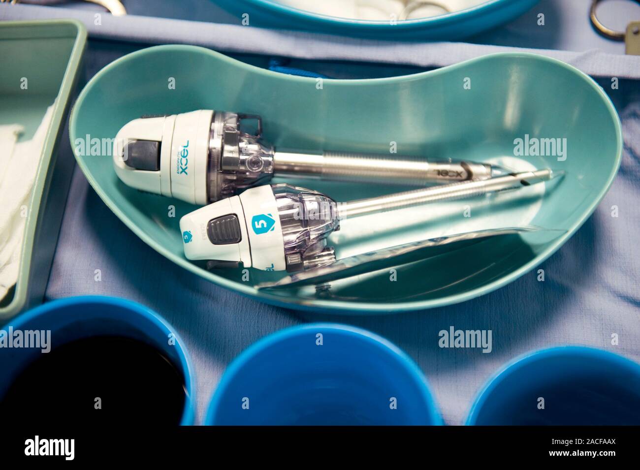 Keyhole surgery tools. These are bladeless Xcel trocar ports, used to ...