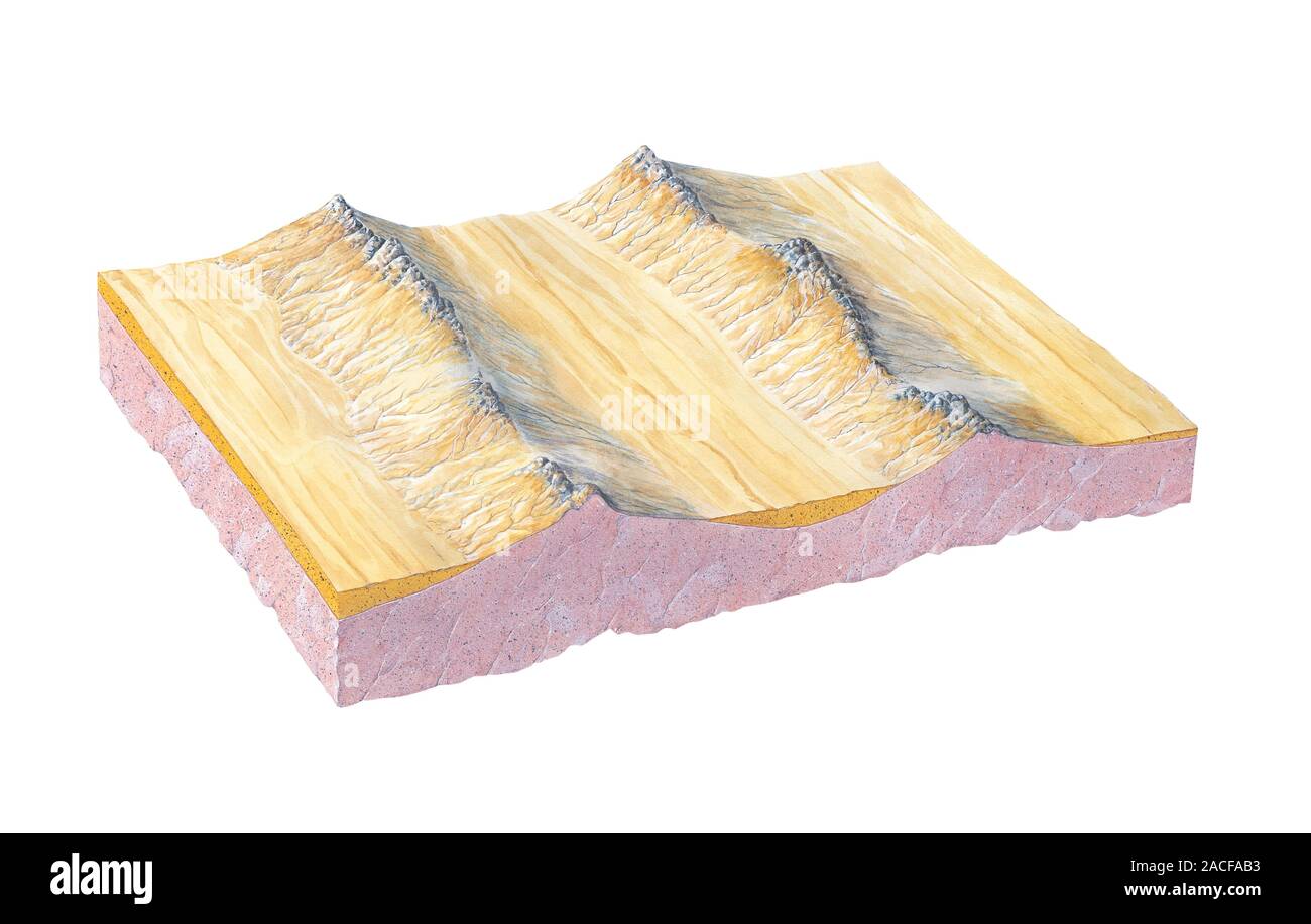 Pediment and inselberg landscape, artwork. This desert landscape has ...