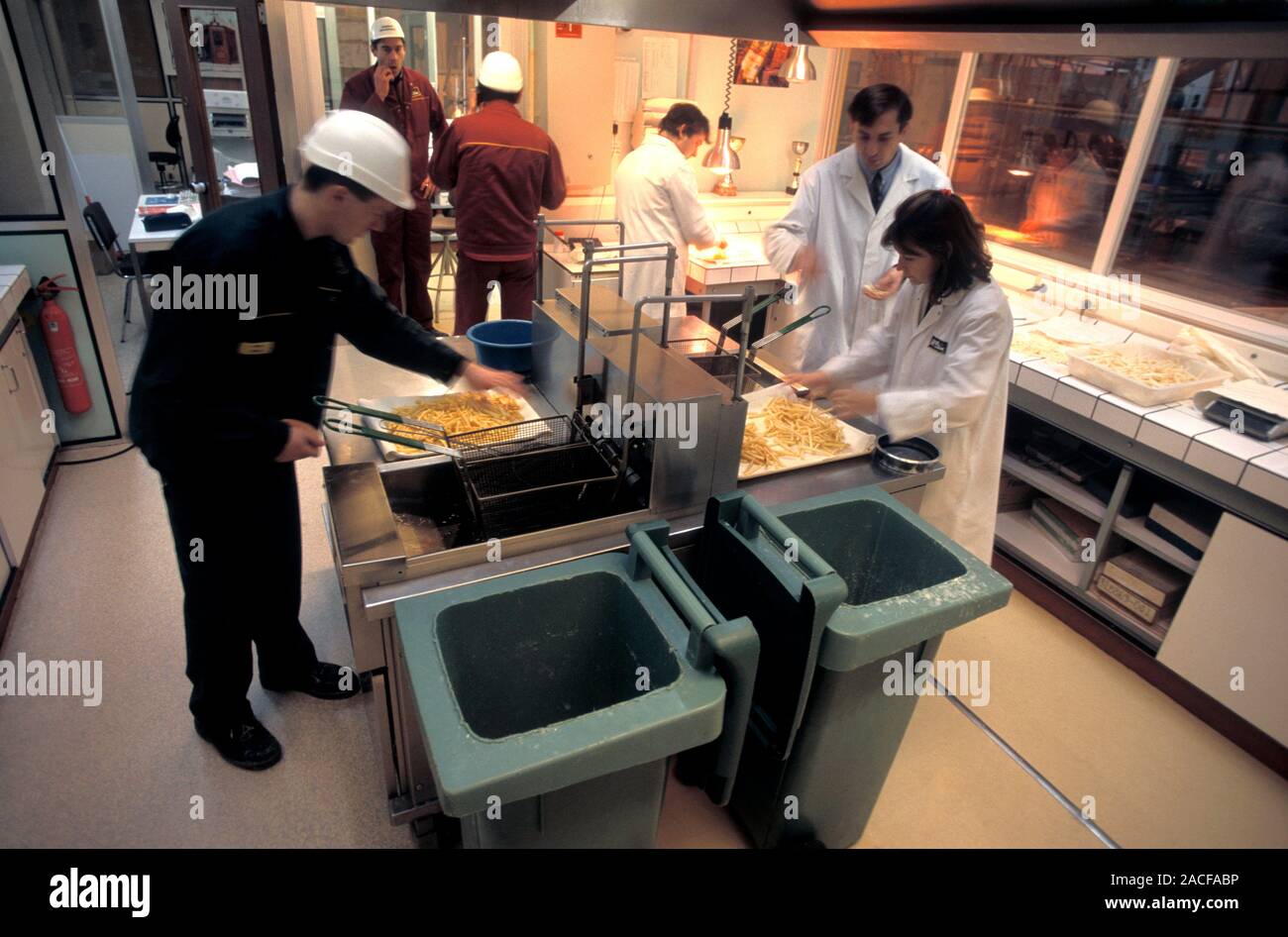Frozen chip factory, workers sampling chips. Chips are taken from every ...