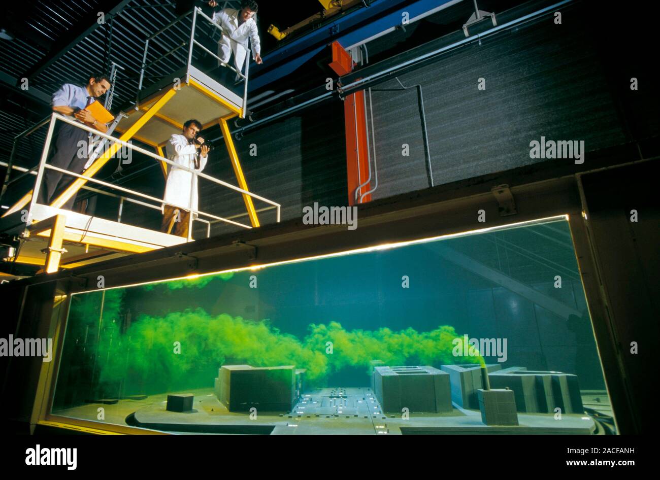 Atmospheric pollution modelling. Researchers using a water tank to ...