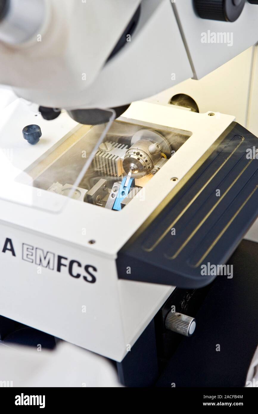 Diamond knife ultramicrotome. This machine is used to slice tissue that ...