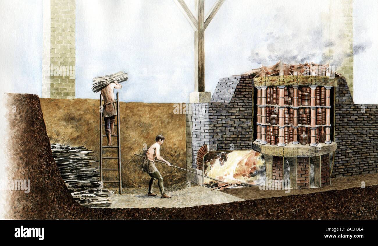 Gallo-Roman furnace. Cutaway artwork of workers tending a furnace being ...