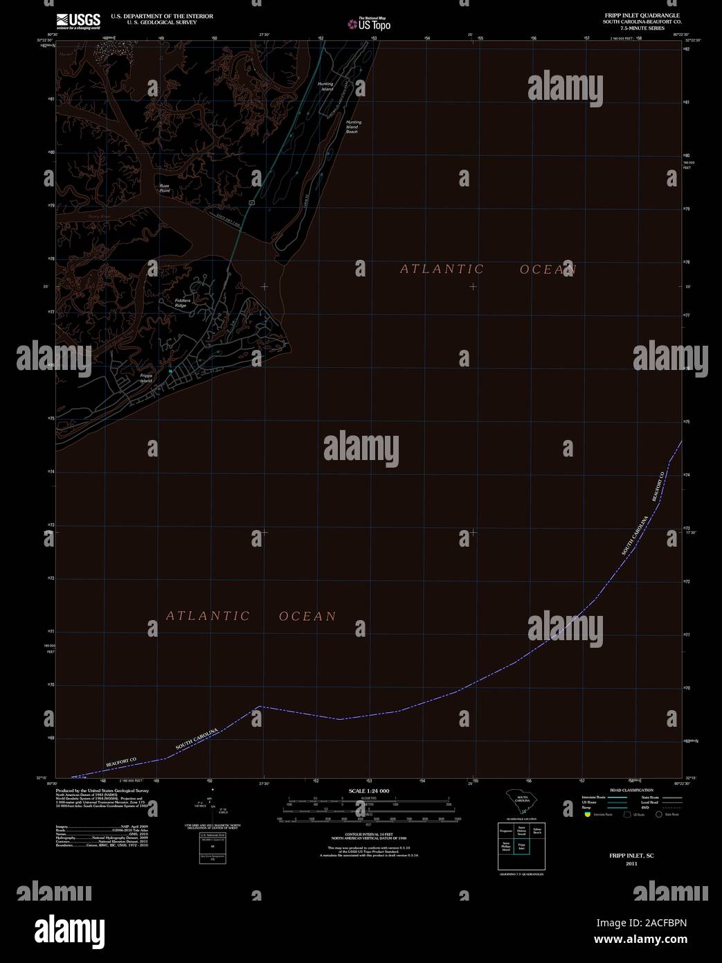 USGS TOPO Map South Carolina SC Fripp Inlet 20110831 TM Inverted ...