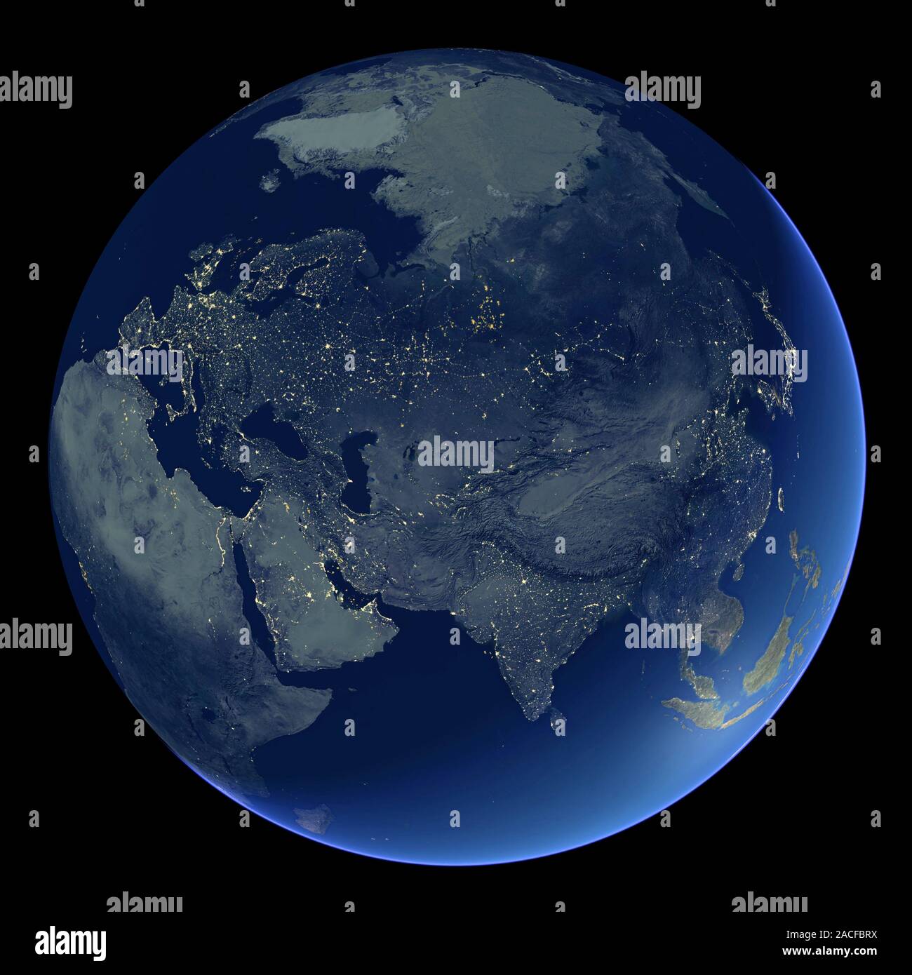 Asia at night. Satellite image of the Earth at night, centred on the ...