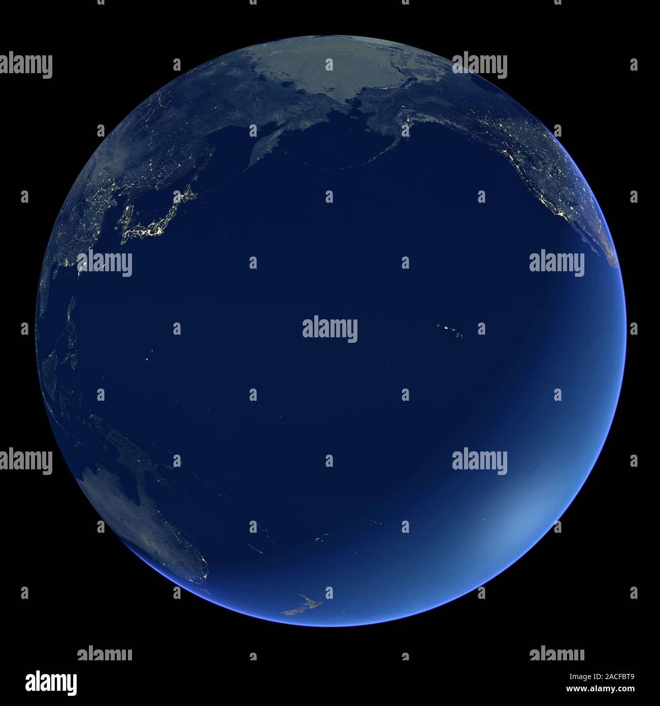 Pacific Ocean at night. Satellite image of the Earth at night, centred ...