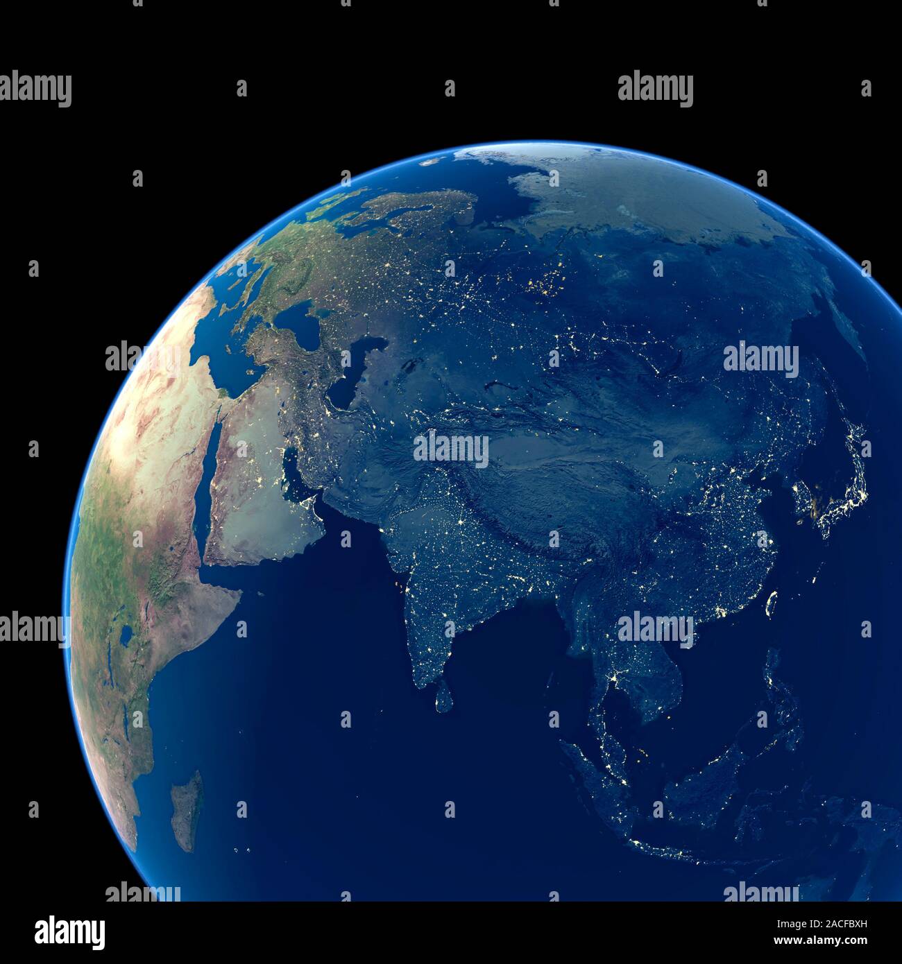 Asia at night,satellite image. City lights (yellow) show areas of dense ...