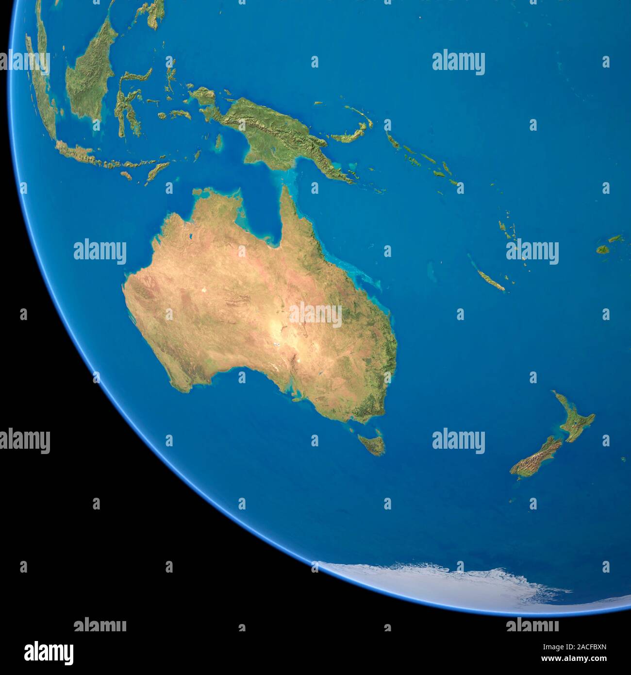 Australia, satellite image. Oceans are blue and land is green and brown ...