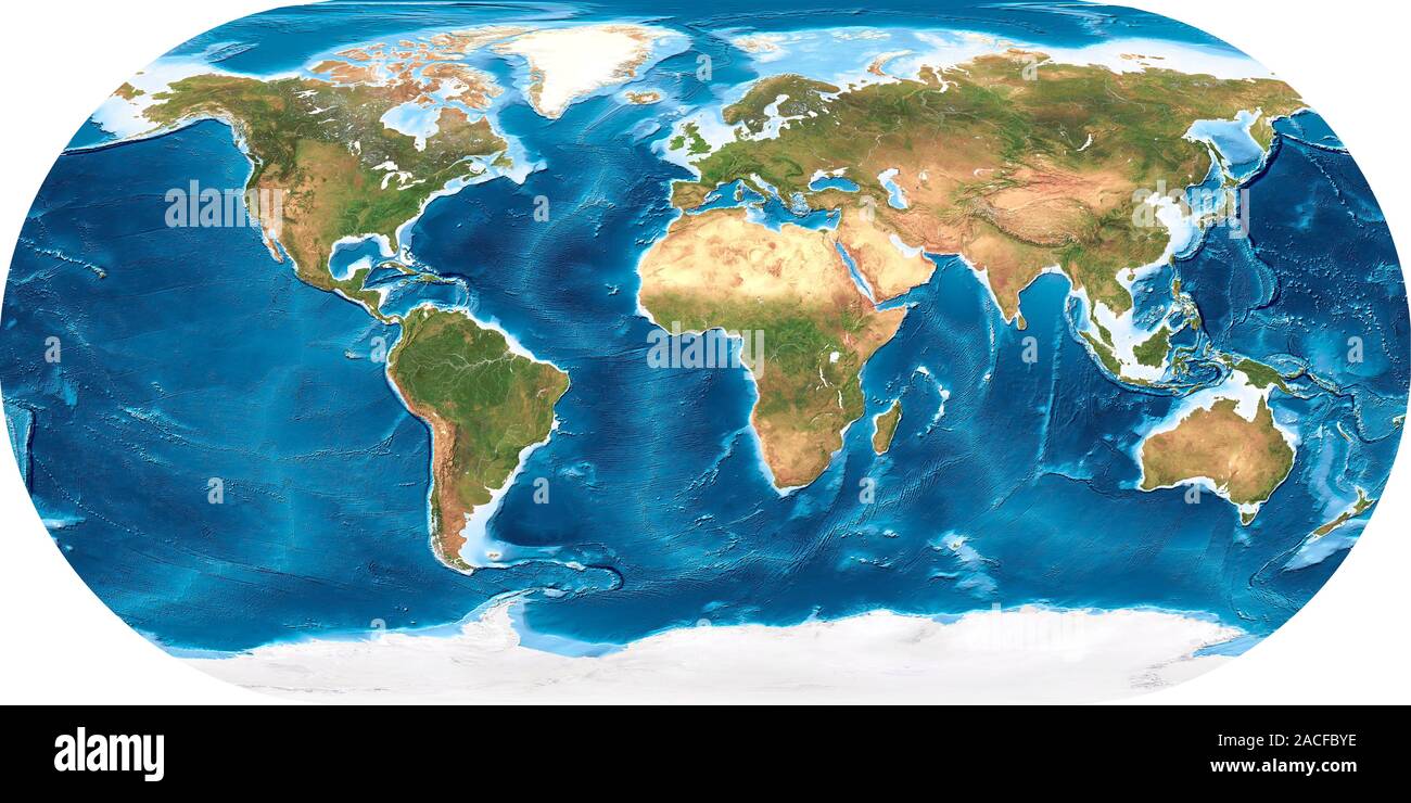 Earth, topographic and bathymetric map. This whole Earth map is centred ...