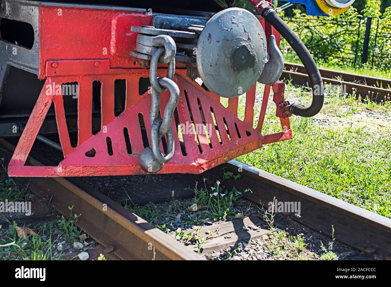 Front view of train on the railway. Front perspective of train at the ...