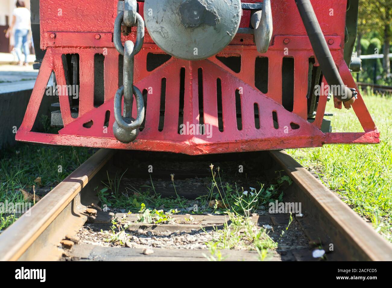 Front view of train on the railway. Front perspective of train at the ...