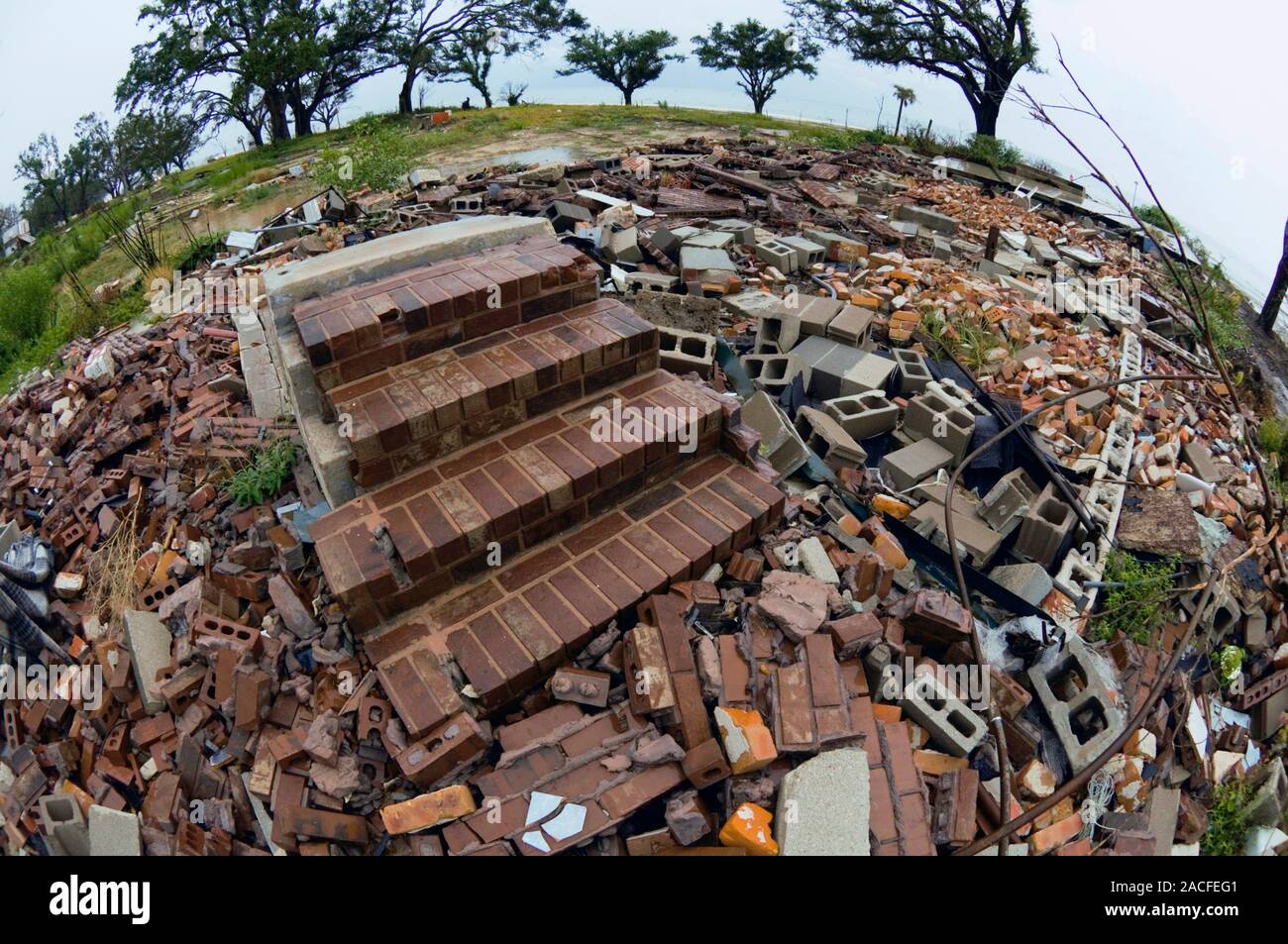 Hurricane Katrina damage. Fish-eye lens view of devastation caused by ...