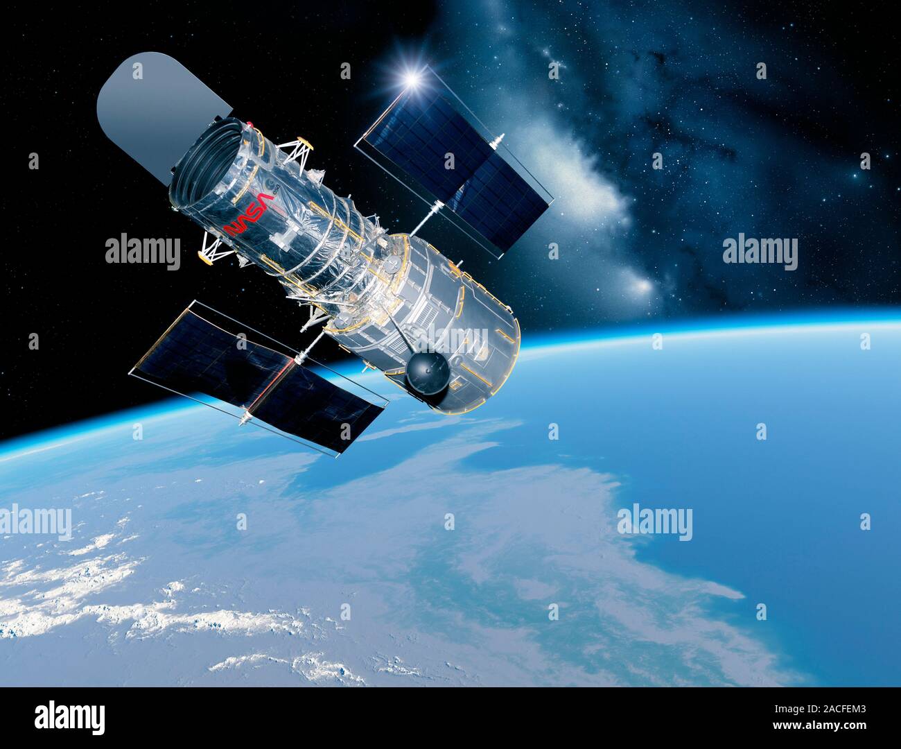 Hubble Space Telescope (HST) in Earth orbit, computer artwork. The ...