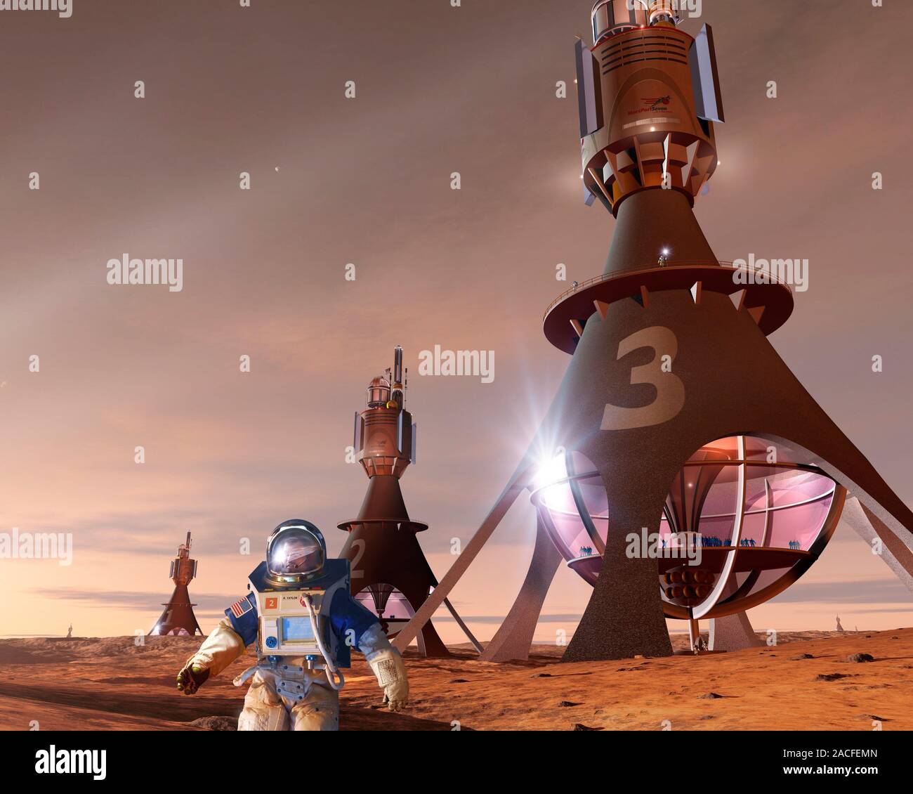 Future Mars exploration, computer artwork. Martian explorer walking in ...