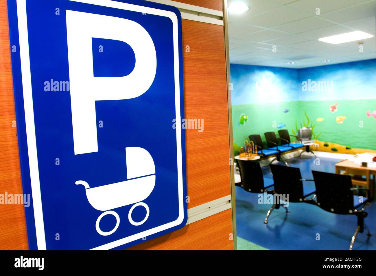 Buggy parking. Sign in a childrens' hospital showing parents where to ...