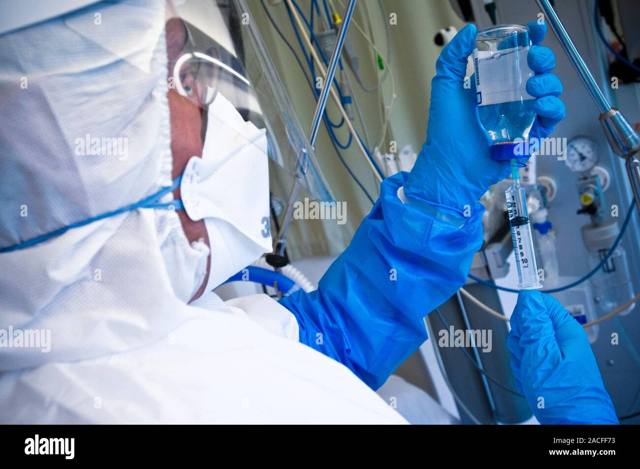 Infection prevention in intensive care. Intensive care unit (ICU) nurse ...