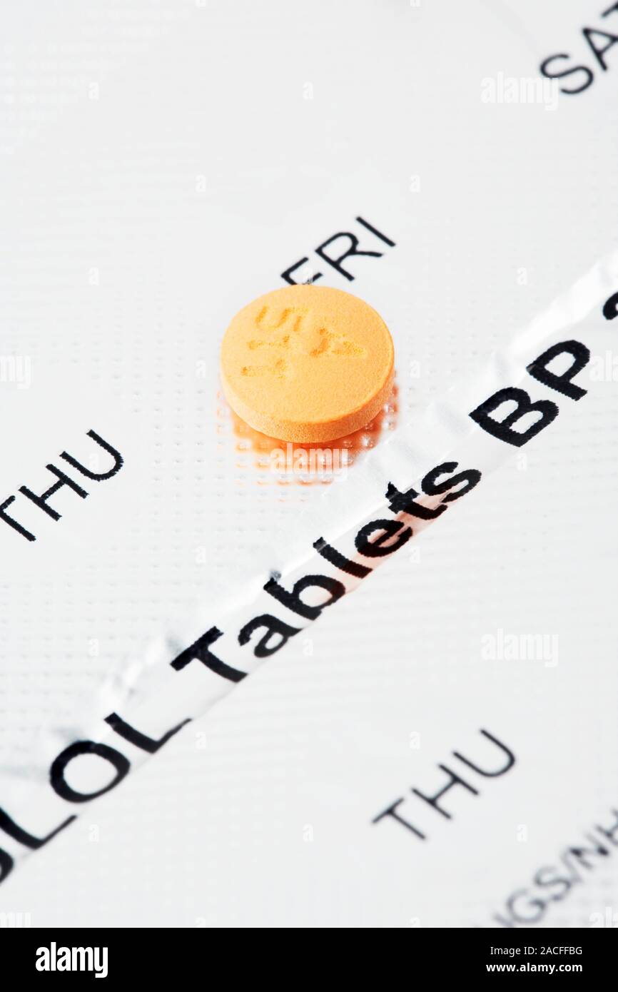 Atenolol beta blocker drug on blister pack. Atenolol is a drug that ...