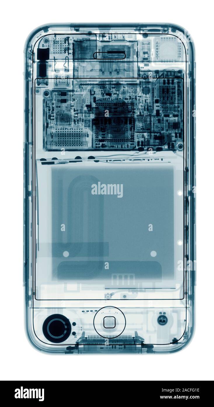 Mobile phone. Coloured X-ray of a mobile phone, showing its internal ...