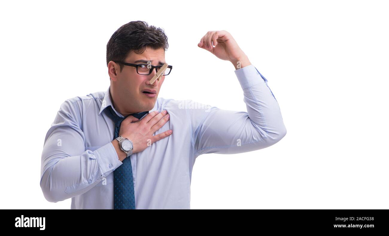 Businessman sweating excessively smelling bad isolated on white ...