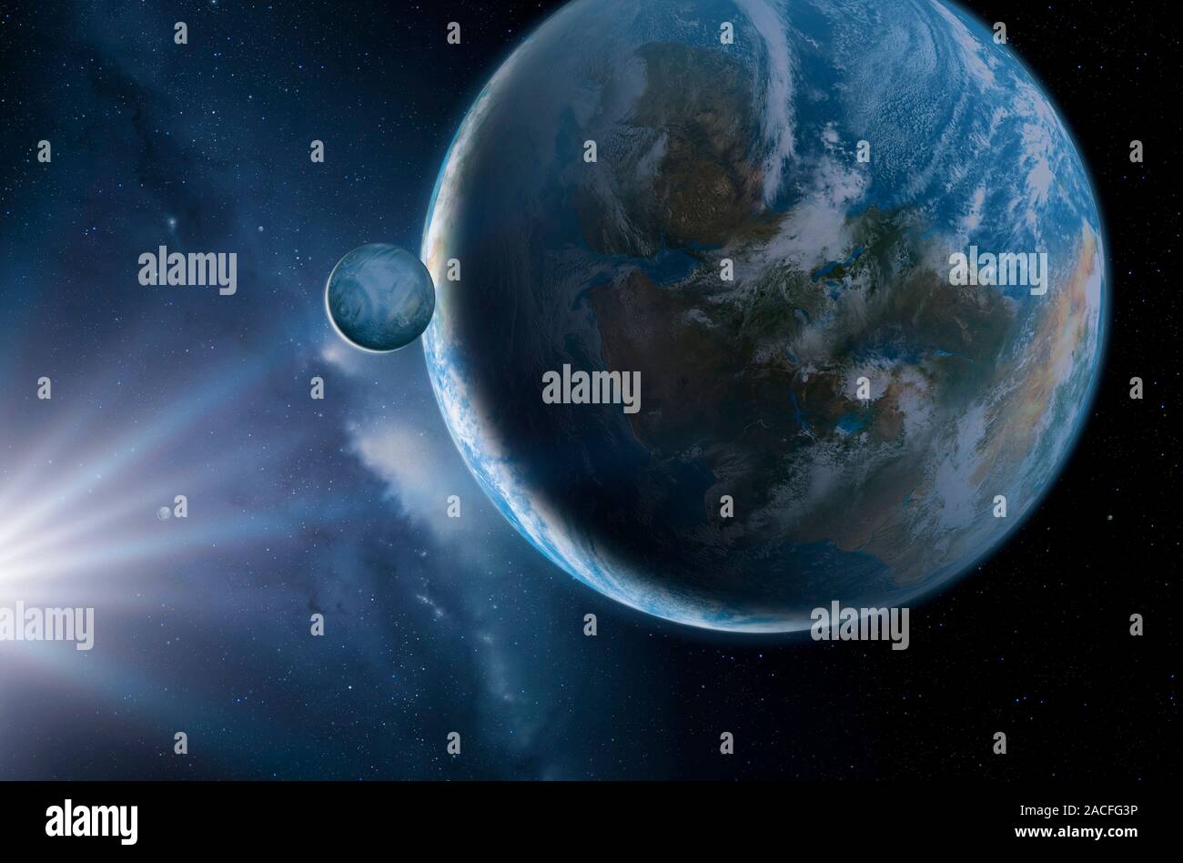 Habitable alien planet. Computer artwork of an Earth-like alien planet ...