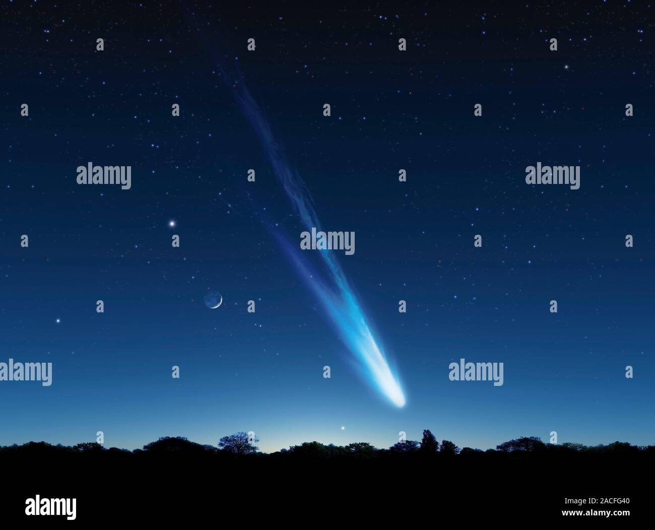 Comet in the night sky, computer artwork. Comets are bodies of ice and dust that enter the inner ...
