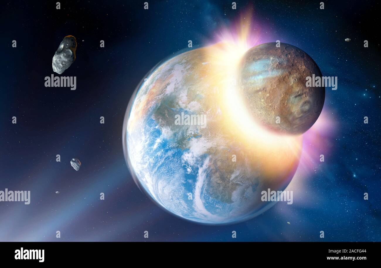 Formation of the Moon. Computer artwork showing the giant impact theory ...