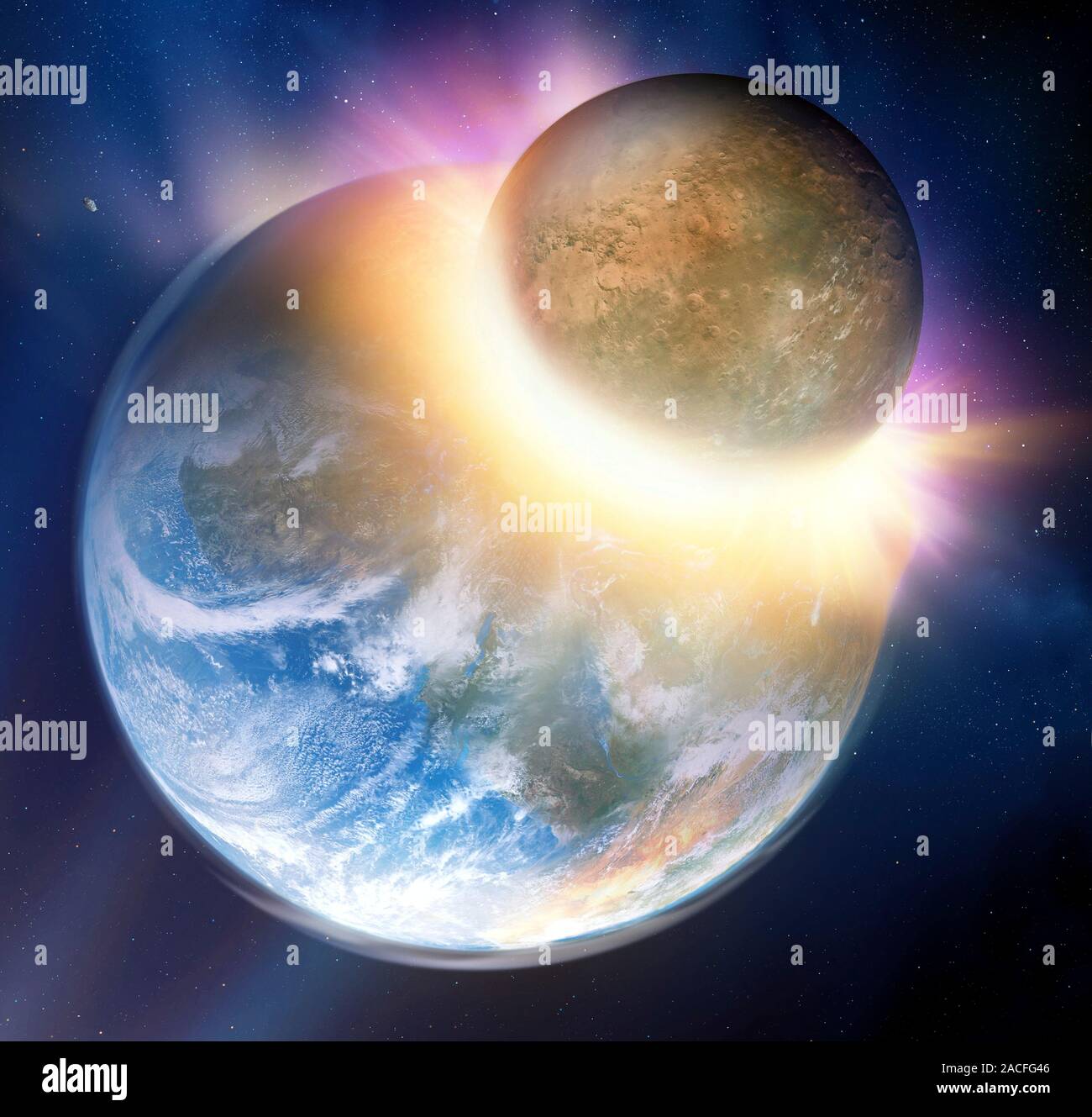 Formation of the Moon. Computer artwork showing the giant impact theory ...