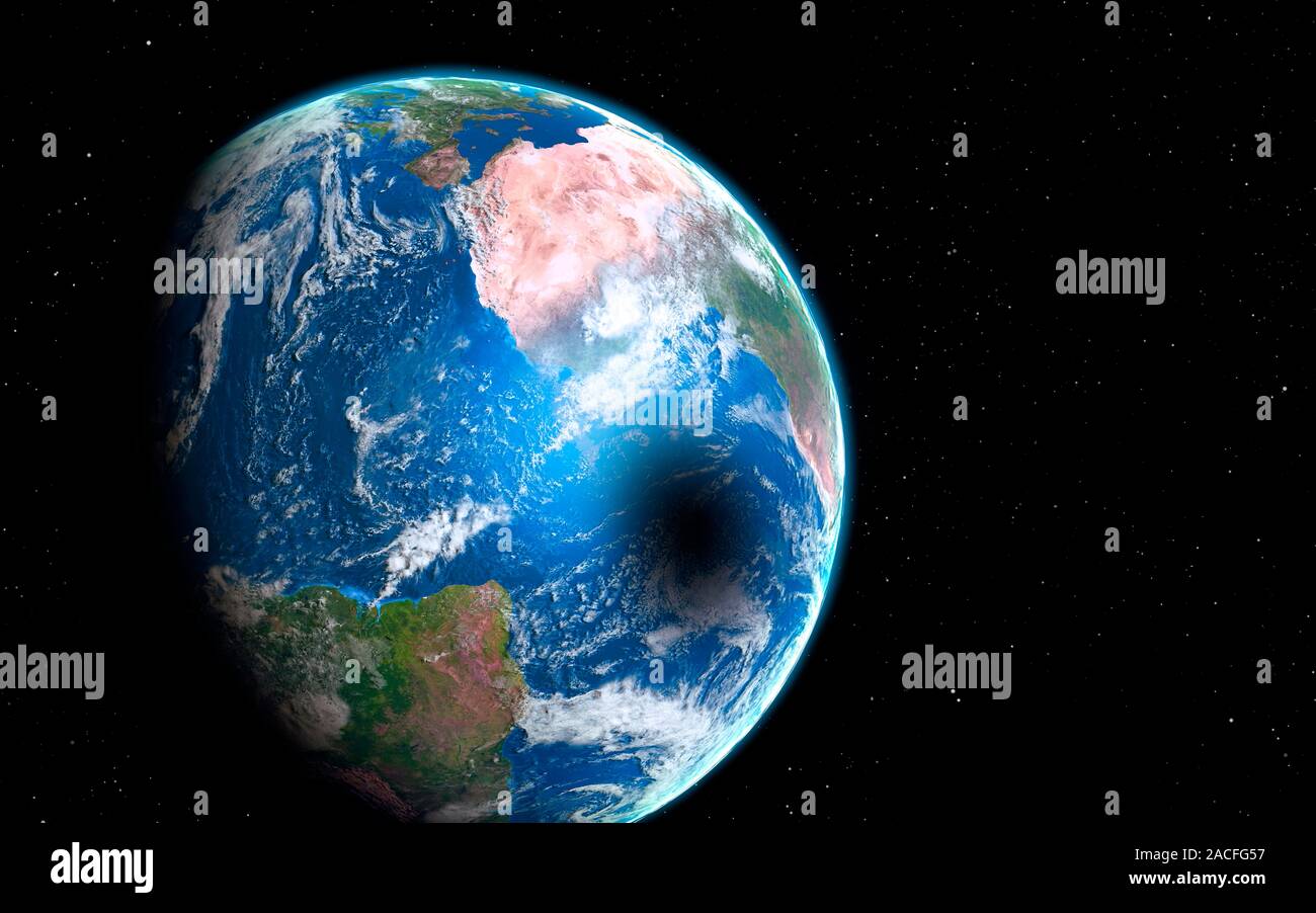 Earth from space during an eclipse. Artwork showing the shadow (lower ...