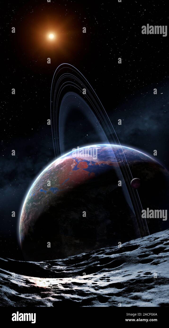 Habitable alien planet. Artwork of an Earth-like alien planet with a ...