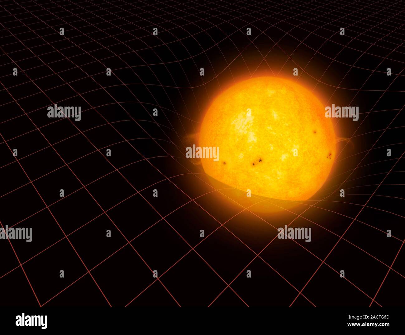 Warped space-time. Artwork showing how a large body such as a star ...