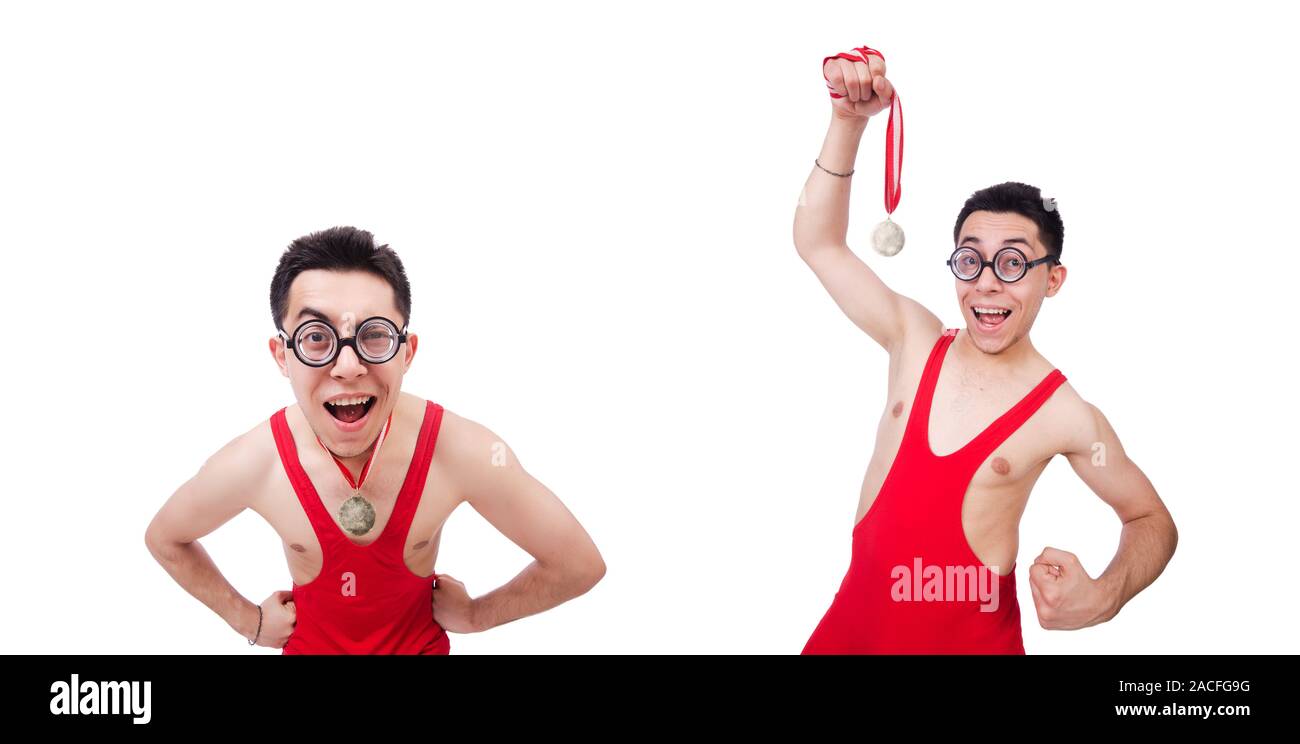 The funny wrestler with winners gold medal Stock Photo - Alamy