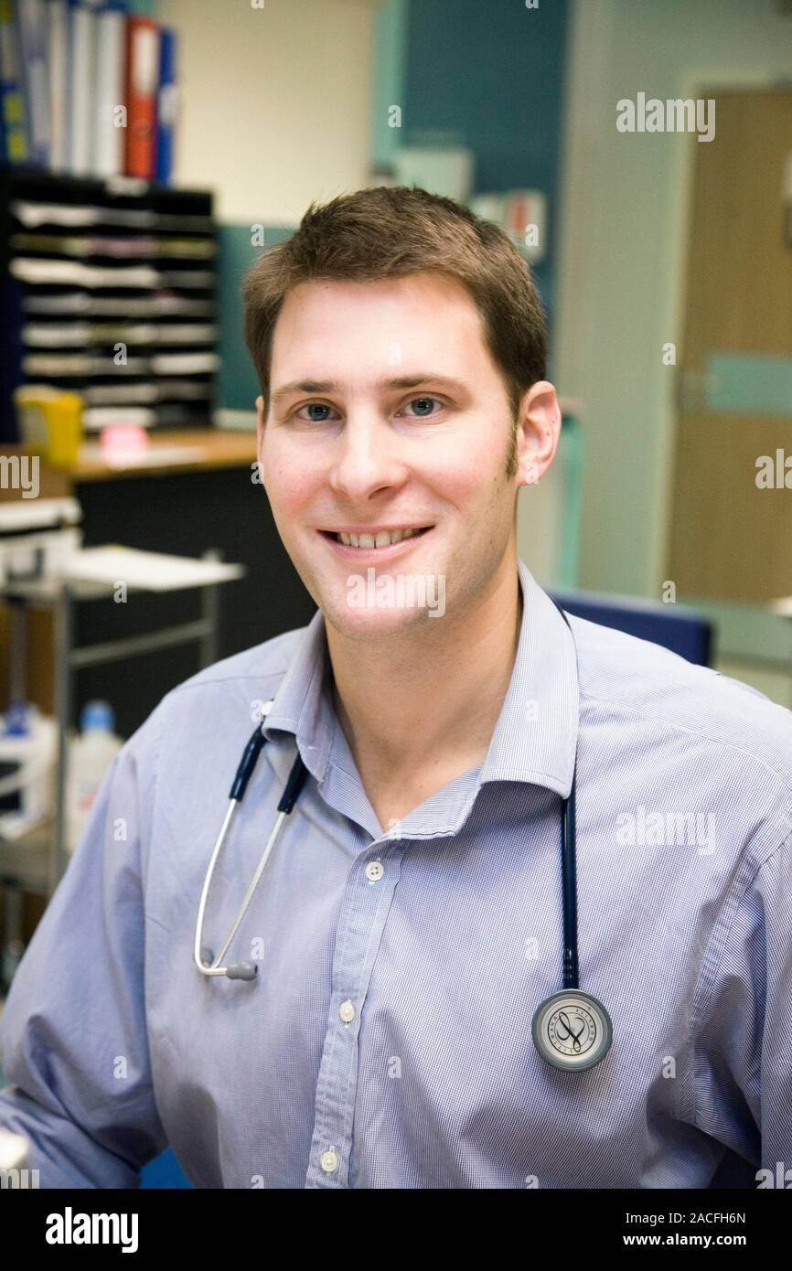 Hospital doctor smiling. Photographed at the West Middlesex University ...