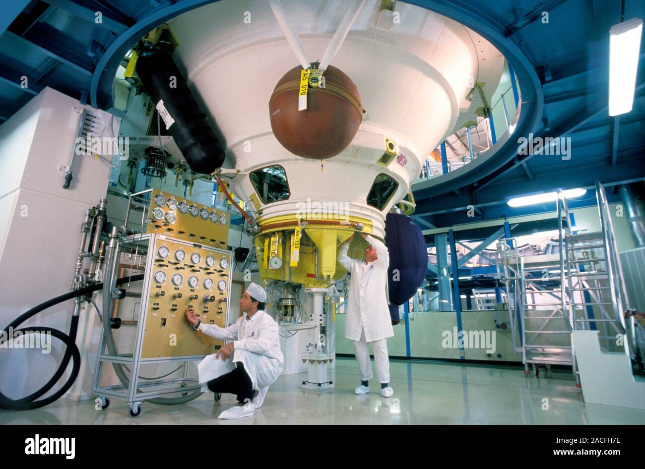 Ariane 5 thrust frame production. Workers testing the Ariane 5 rocket ...