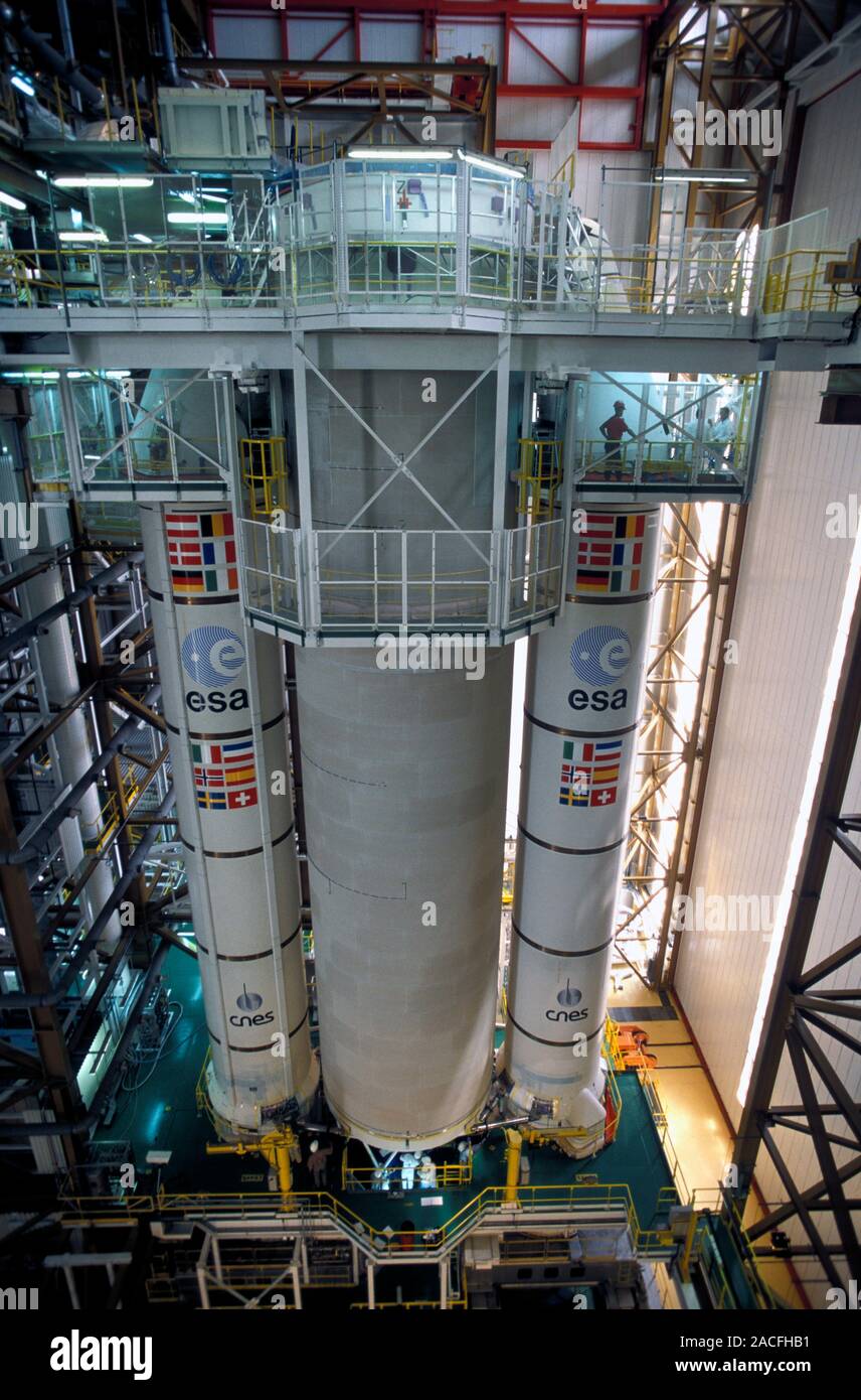 Ariane 5 rocket assembly. Ariane 5 cryogenic main stage straddled on ...