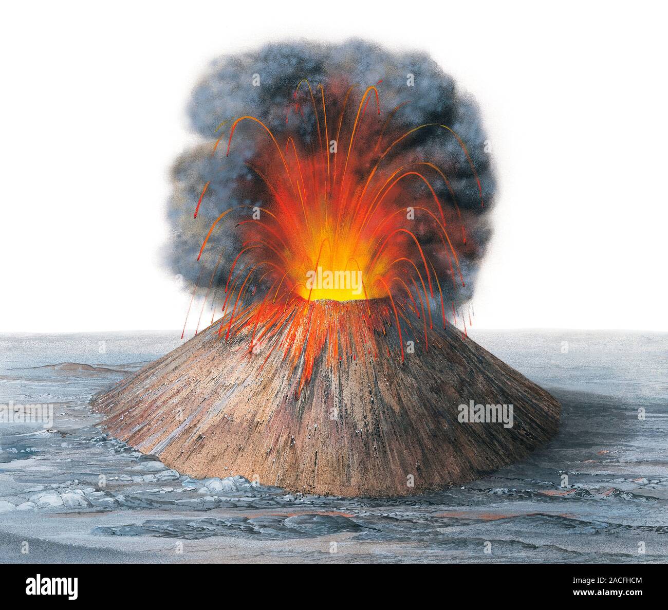 Erupting cinder cone. Computer artwork showing the conical shape of a ...