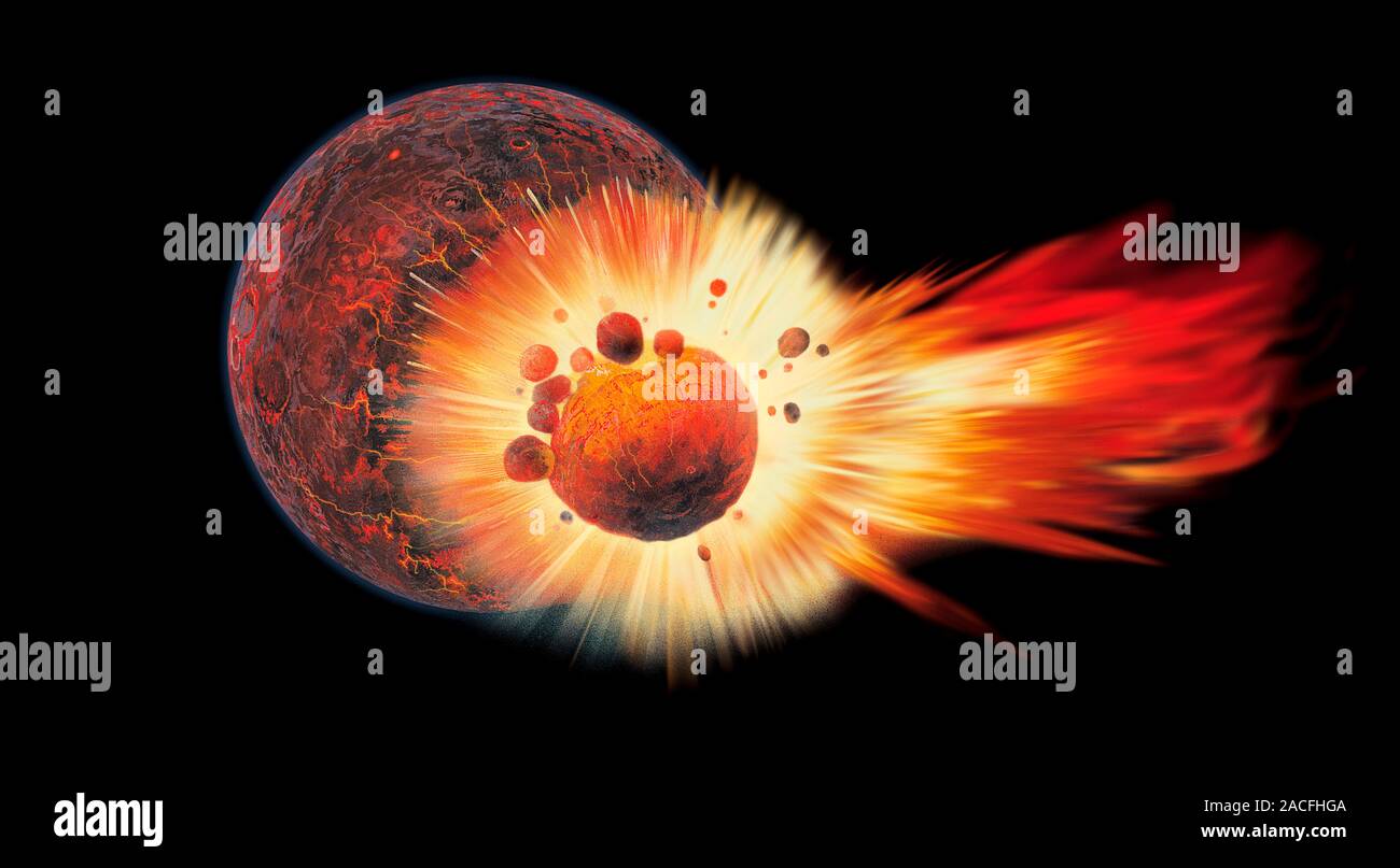 Origin of the Moon. Computer artwork showing a Mars-sized body (centre ...