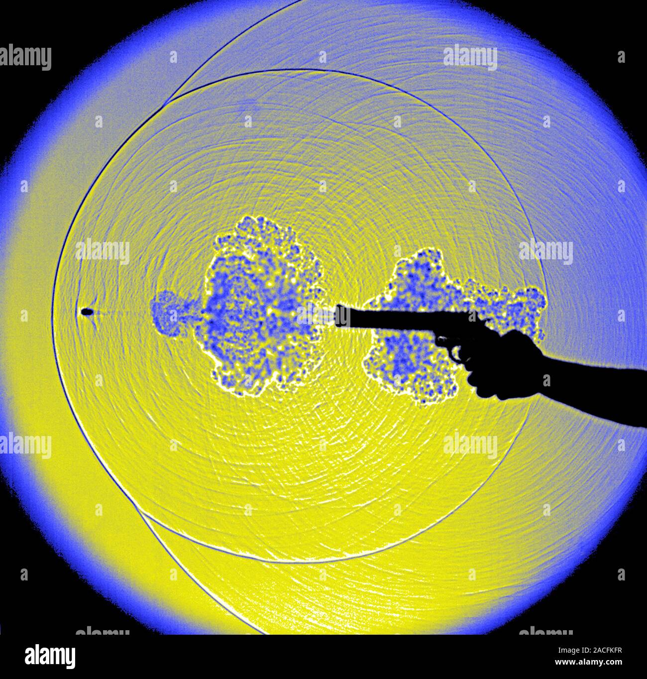 Gun shot, coloured shadowgraph. Shadowgraphy is a type of flow ...